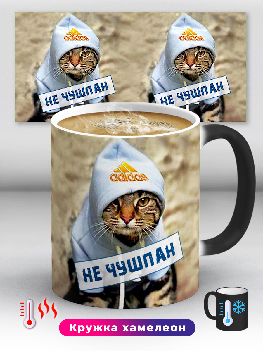Кружка хамелеон с приколом Мем Не чушпан Котик гопник Абибас