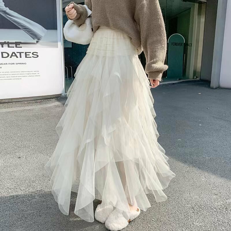 Юбка с высокой талией из сетки, многослойная юбка-тортик, полуюбка для женщин, новая осенне-зимняя юбка 2025 года, юбка из сетки средней длины