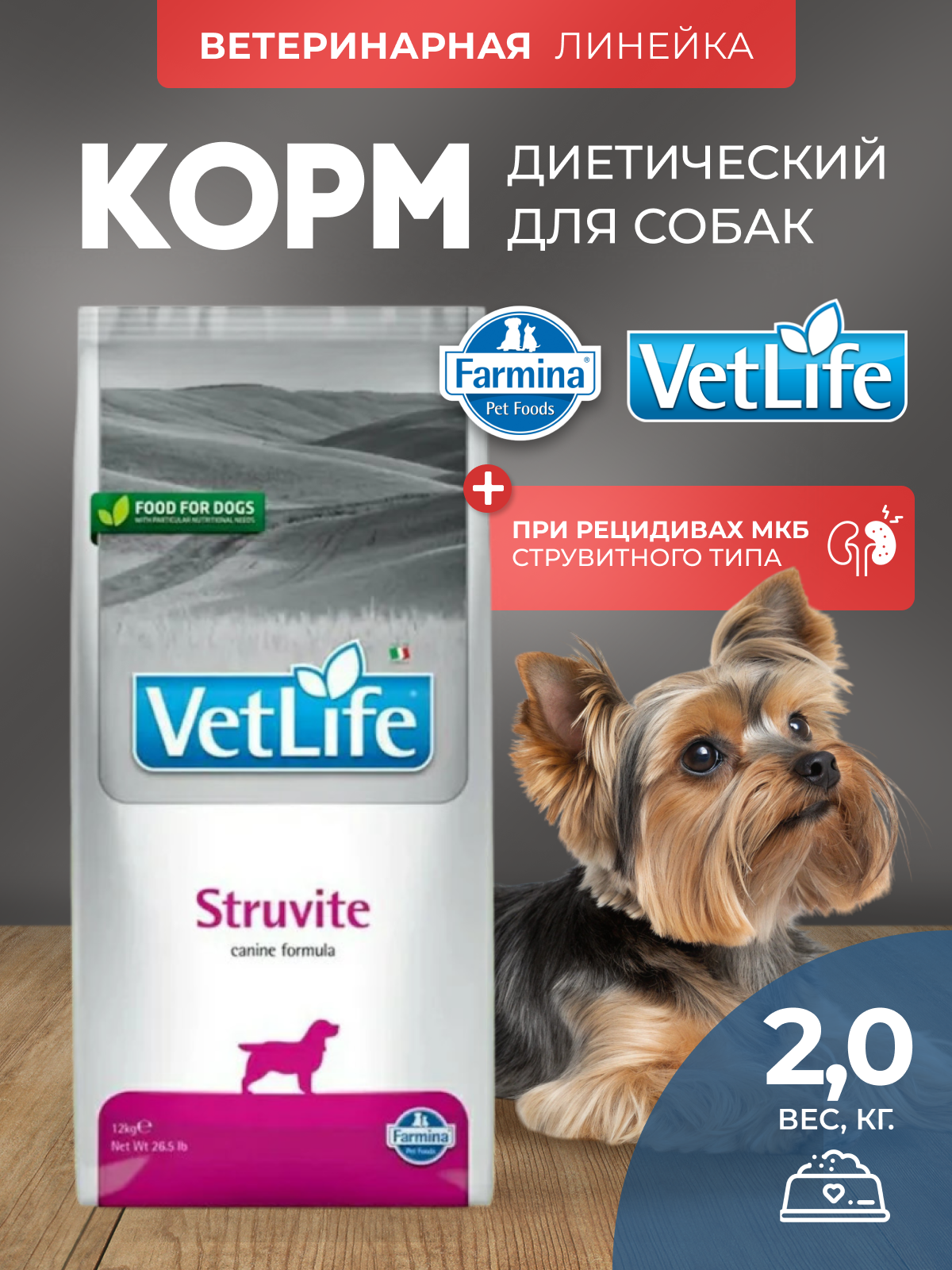 Корм для собак Farmina Vet Life Struvite Canine, при мочекаменной болезни, 2 кг