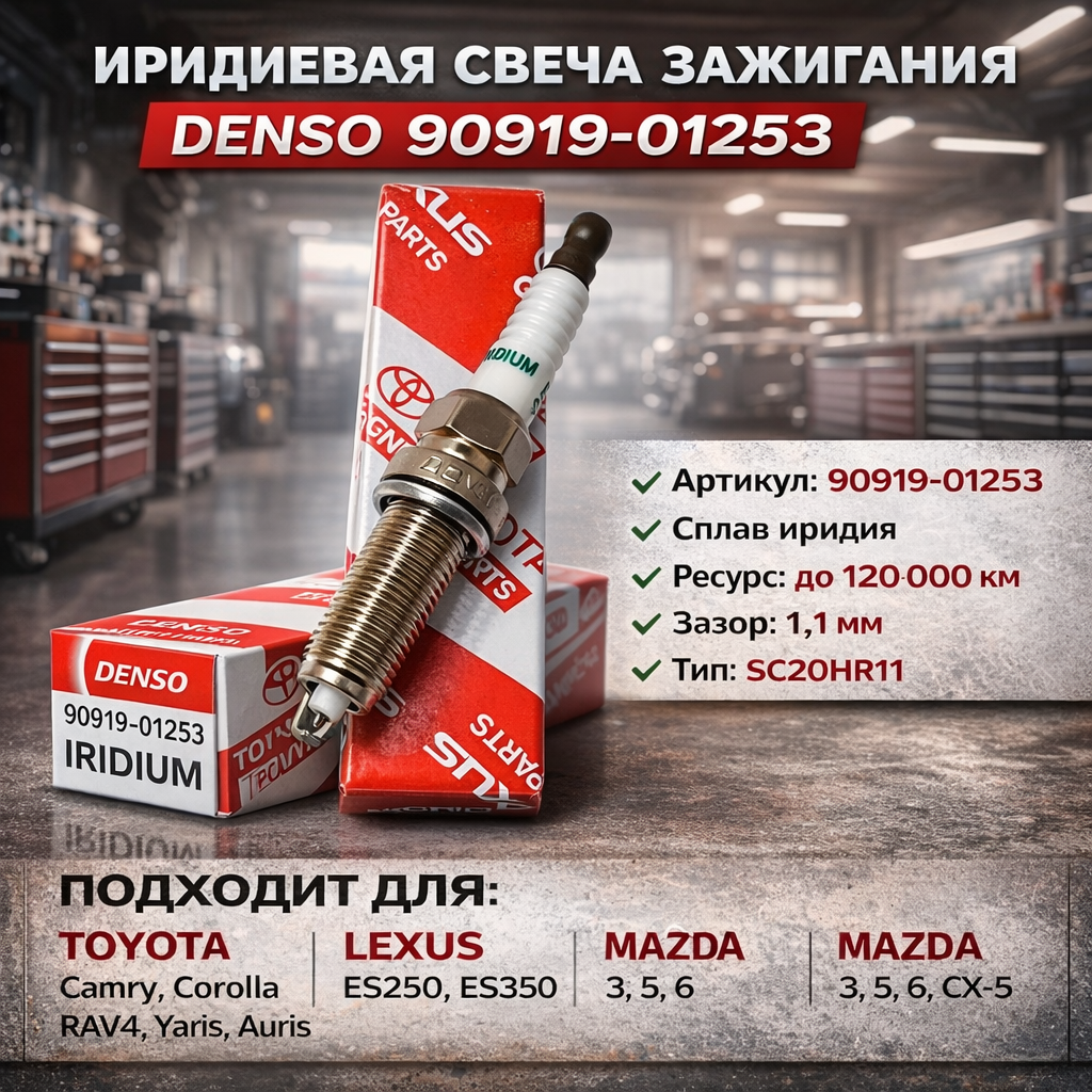 Свеча зажигания иридиевая Denso 90919-01253 — Toyota, Lexus, Mazda, Iridium, SC20HR11, 1 шт