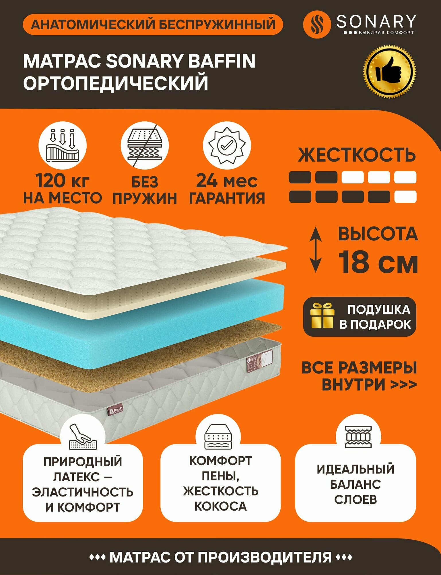 Матрас Sonary Baffin 65х210 серии Solid высота 18 см анатомический средней жесткости кокосовый латексный Беспружинный