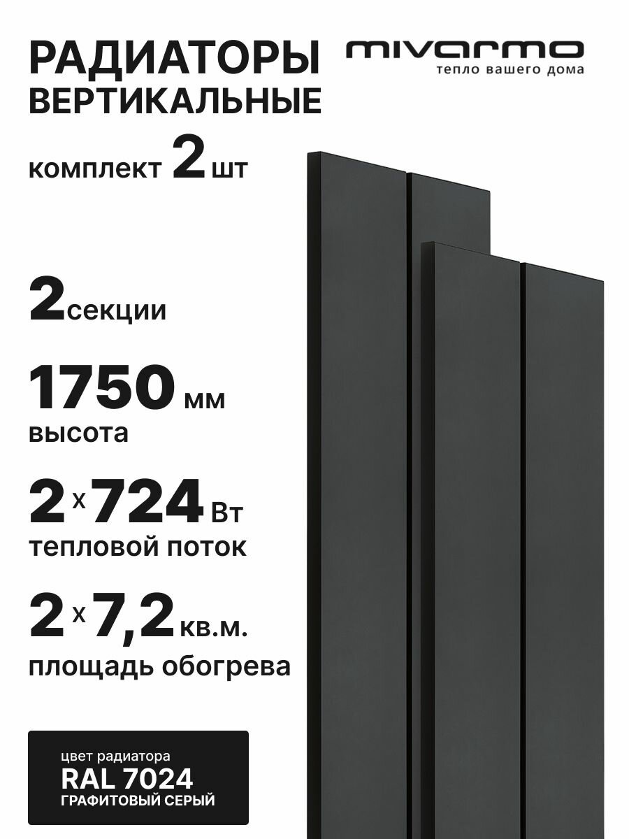 Комплект алюминиевых радиаторов отопления вертикальных, горизонтальных MIVARMO, графитовый муар, 1750 мм 2 секции из 2 шт.