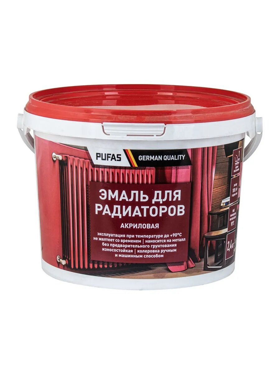 Эмаль PUFAS, для радиаторов, белая, акриловая, матовая, 2,4 л