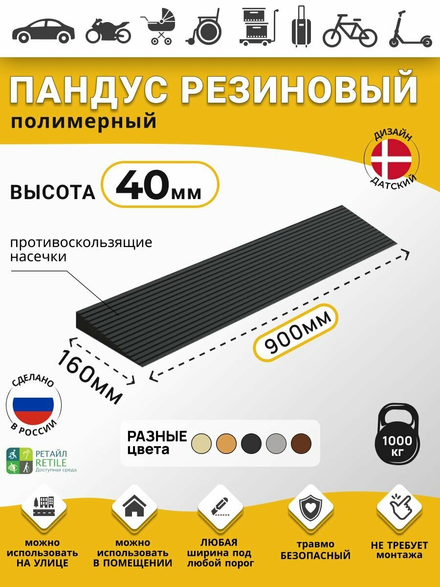 Пандус резиновый рубеж для порогов высотой 4 см (40х900х160 мм), чёрный, для колясок, склада и автомобилей