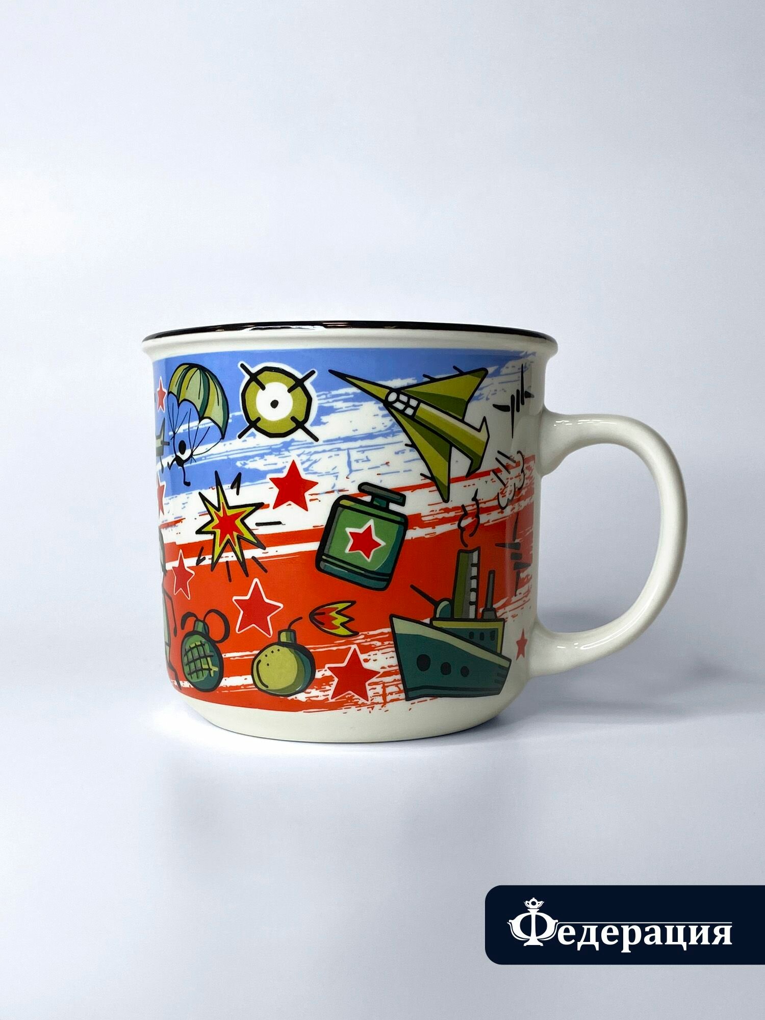 Кружка большая Military 400 мл, флаг России, солдаты, танки, самолеты