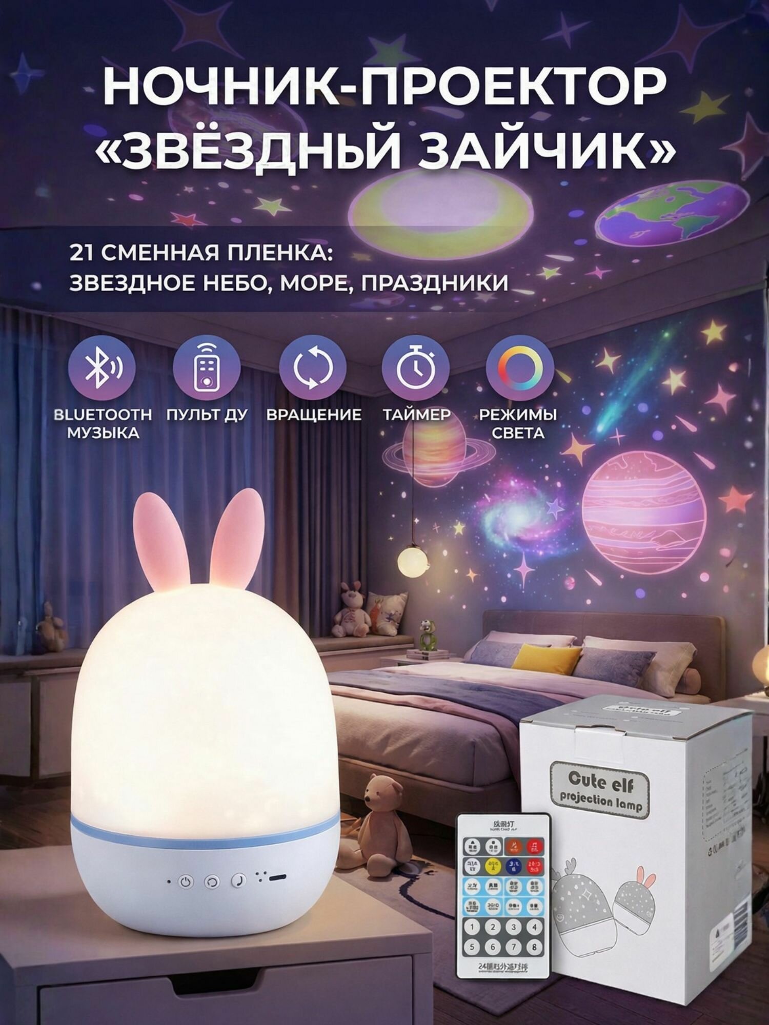 Музыкальный ночник-проектор звездного неба с пультом и 21 темой для детей и взрослых