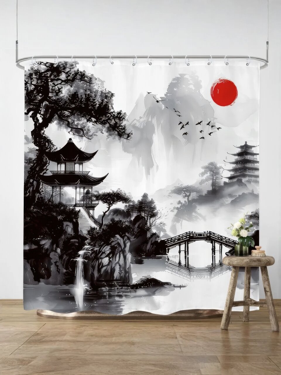 Штора для ванной "Восточный пейзаж" тканевая занавеска в ванную комнату 150х180 см с крючками