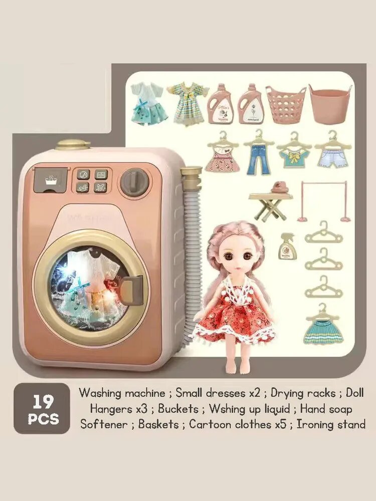 Детская стиральная машина, набор 19 предметов, включая маленькие платья, сушилки и аксессуары для кукол
