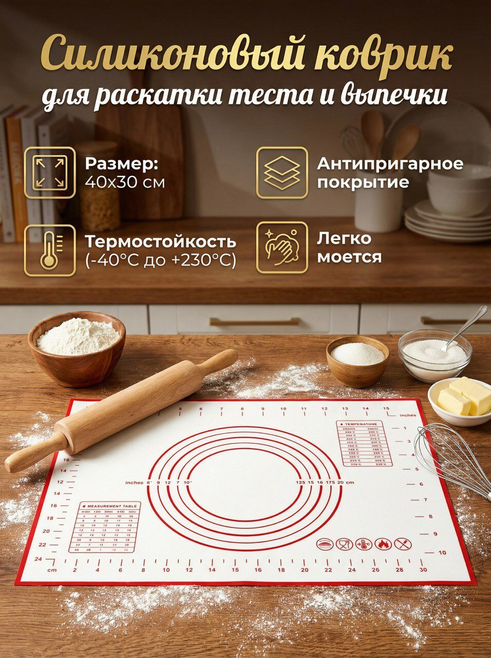 Силиконовый коврик для раскатки теста и выпечки 40х30 с разметкой