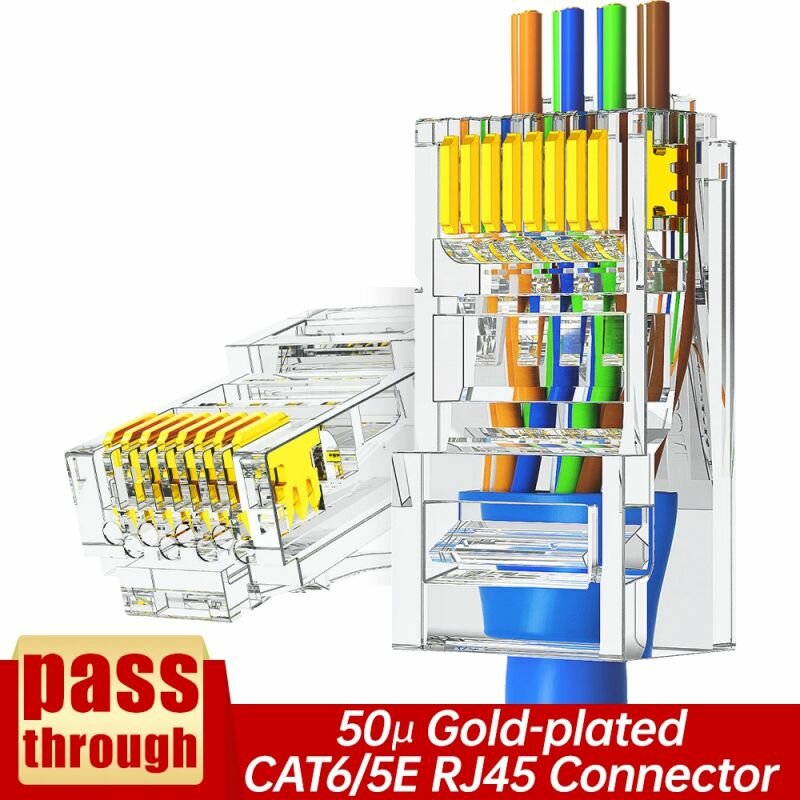 Проходные модульные сетевые разъемы CAT6 CAT5E RJ45, UTP 3/50μ, позолоченный обжимной конец 8P8C для кабеля Ethernet