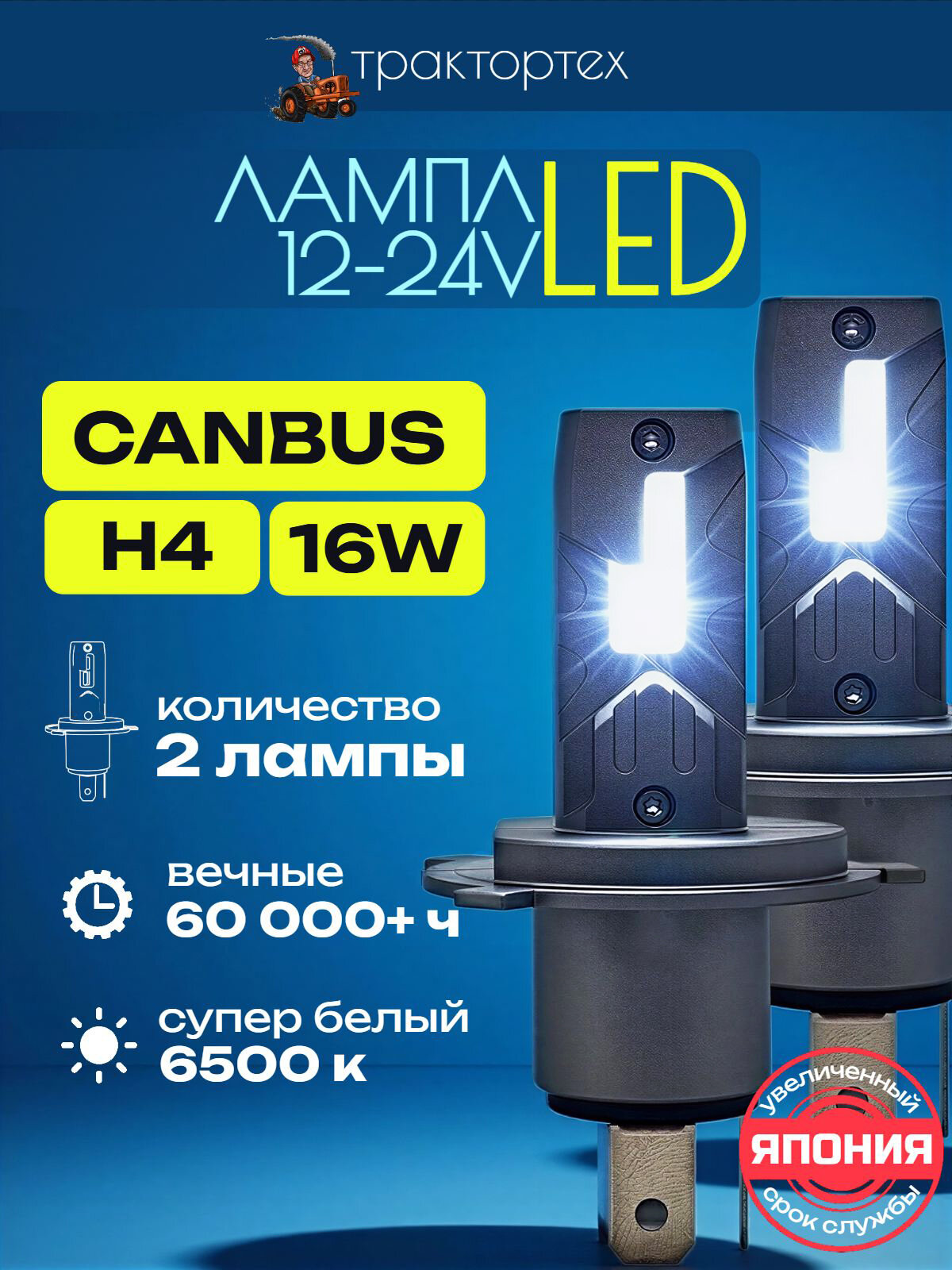 Светодиодные лампы H4 дальний / ближний свет, холодный белый свет 6500К, срок службы 60000 часов, 2 шт