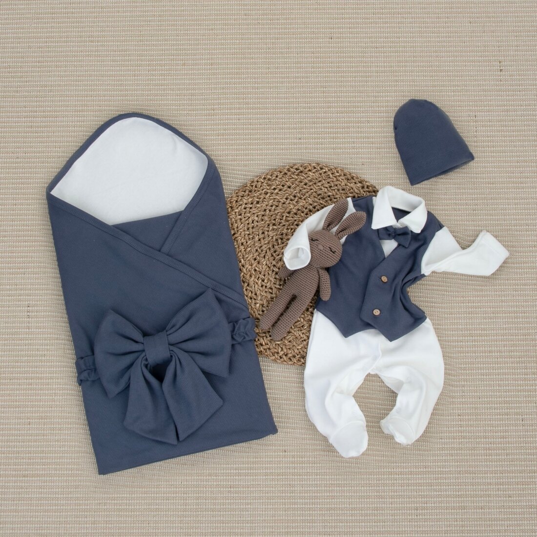 Комплект на выписку 4 предмета "Новый Юный Джентльмен. Плед", деним, лето