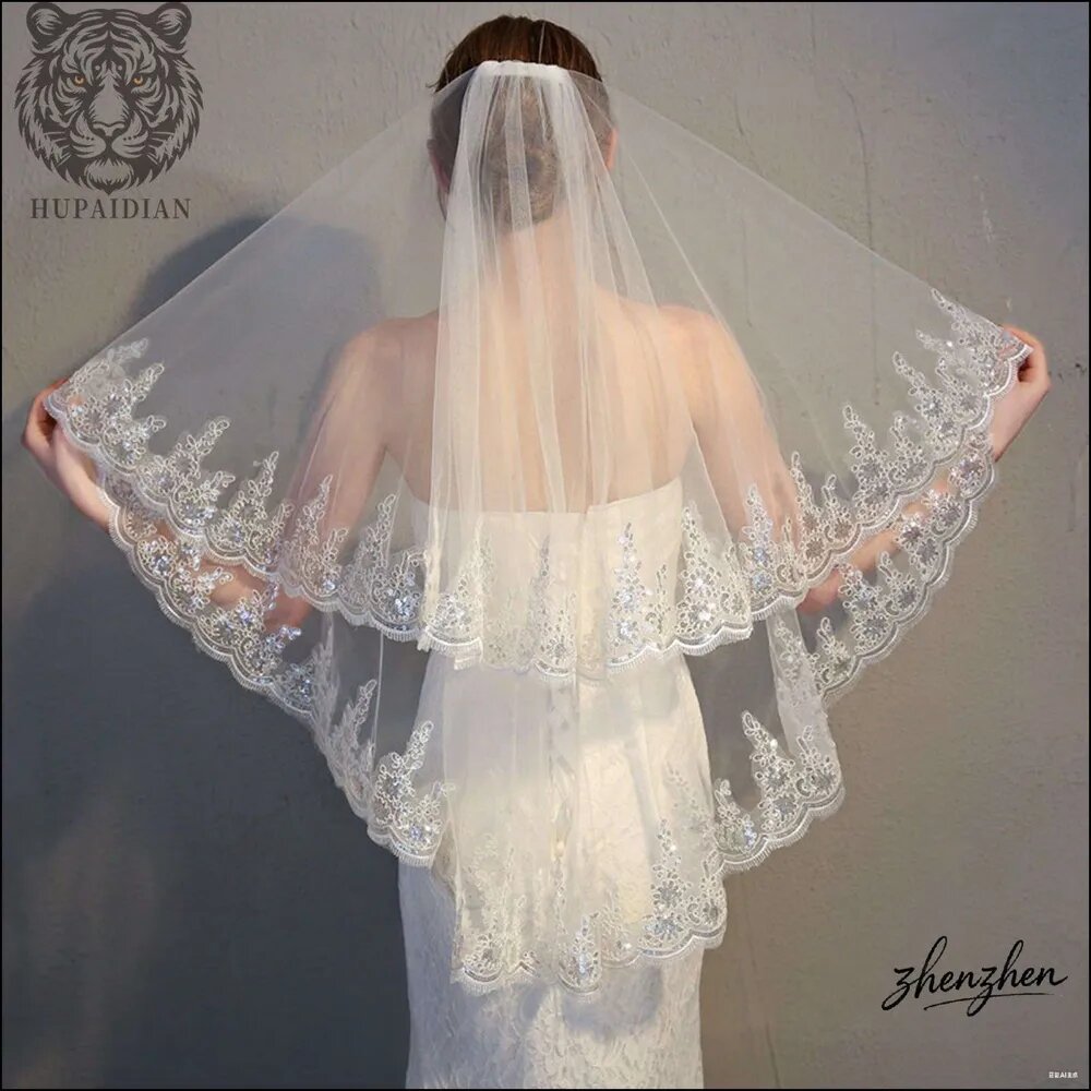 Свадебная фата HUPAIDIAN с кружевом и блестками, двухслойная фата для невесты, аксессуар для свадебной церемонии, Китай