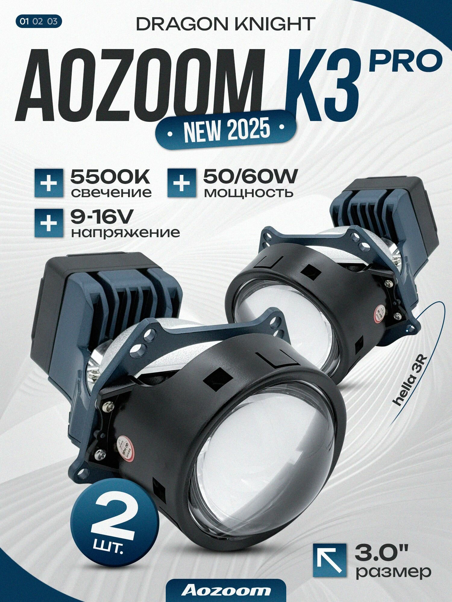 Светодиодные линзы в фары авто Bi-LED Аозум K3 Pro new 2025 3.0