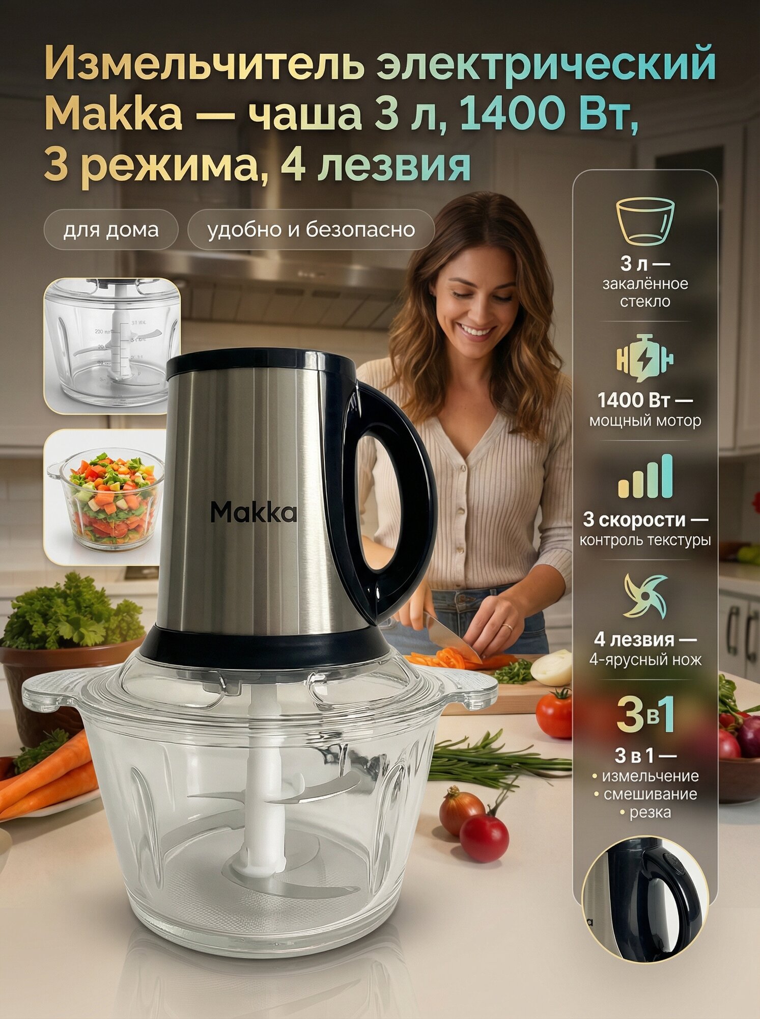 Измельчитель кухонный электрический, 1400 Вт, чаша 3 л, 4 лезвия, блендер, чоппер