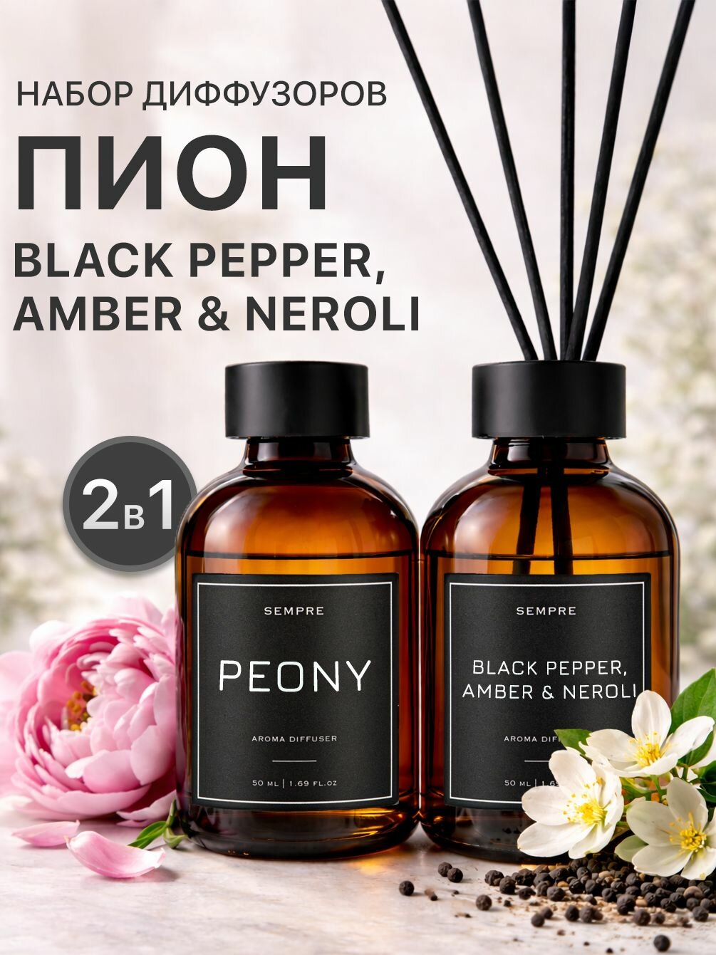 Ароматический диффузор для дома Black Pepper & Amber, Neroli и Пион / ароматизатор для дома с палочками 2 шт 50 мл аромадиффузор для дома палочки 50 мл ароматизация интерьера
