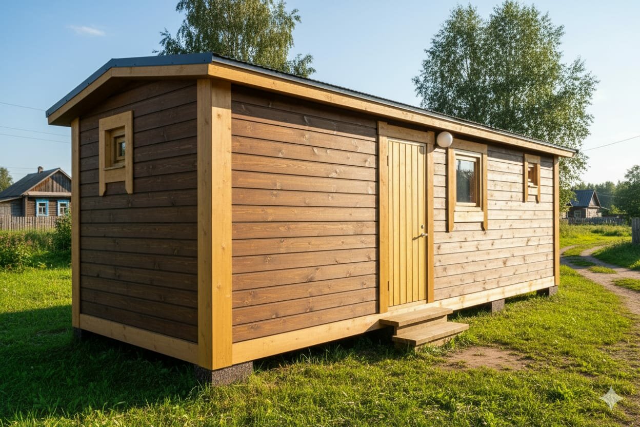 Готовая мобильная баня под ключ 8,0х2,3 м с туалетом и душевой Эленвуд с доставкой и установкой