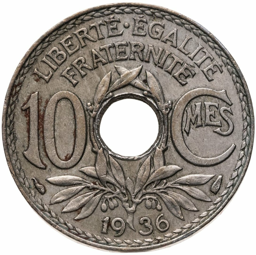 Франция 10 сантимов centimes 1936, Мельхиор медь-никель, в сохранности XF