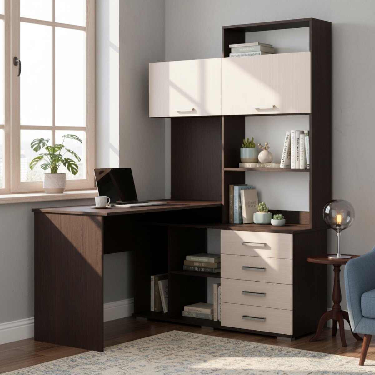 Стол компьютерный письменный угловой Памир ПКС-11 левый, с полкой надстройкой и выдвижными ящиками, венге/дуб белфорт