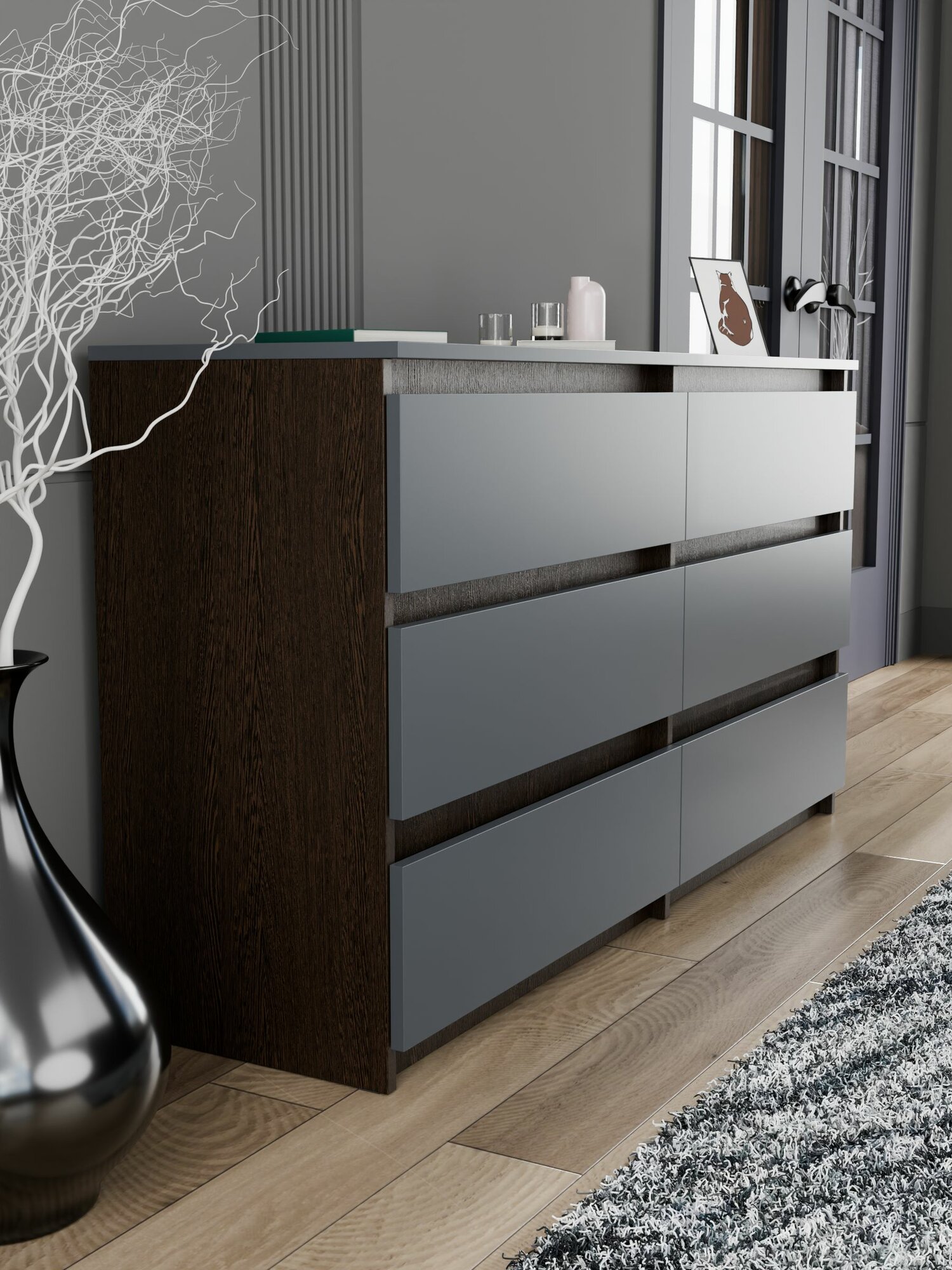 Комод для белья и одежды орлан 6 ящиков, 140х76.4х40 см, венге/графит