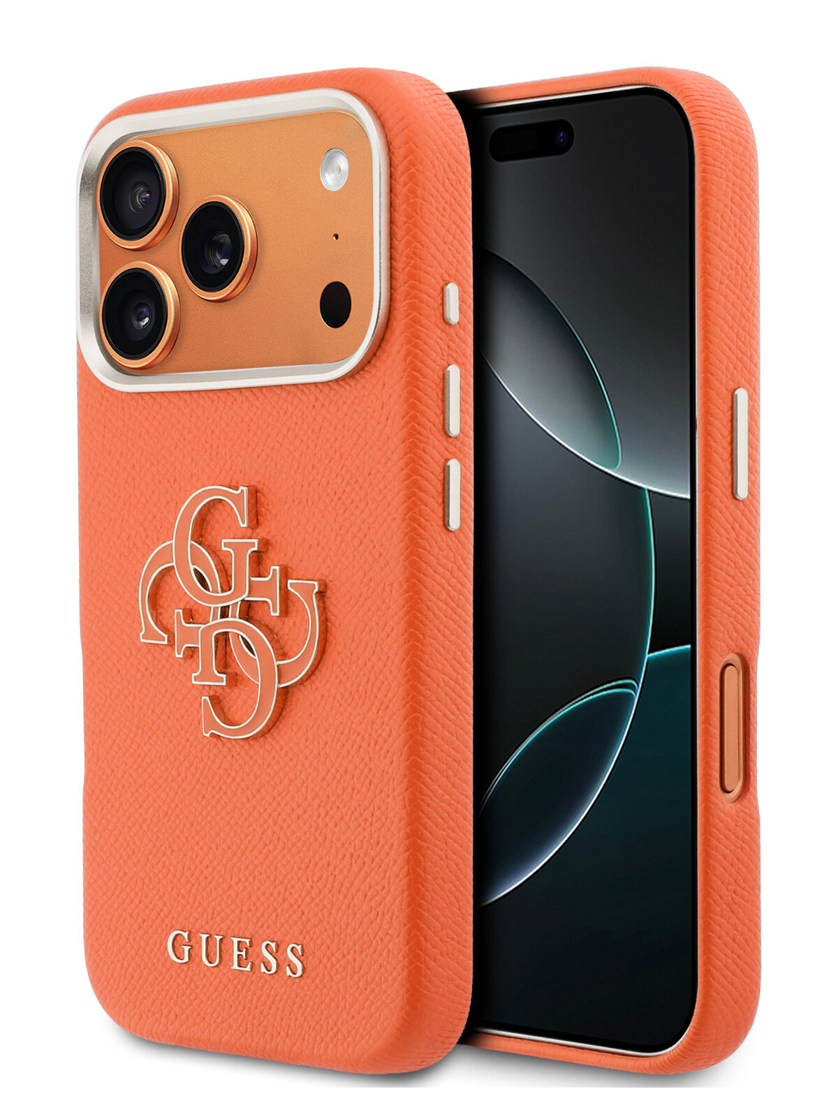 Чехол Guess на iPhone 17 Pro Max, из экокожи PU Saffiano, с защитной рамкой вокруг камеры, оранжевый