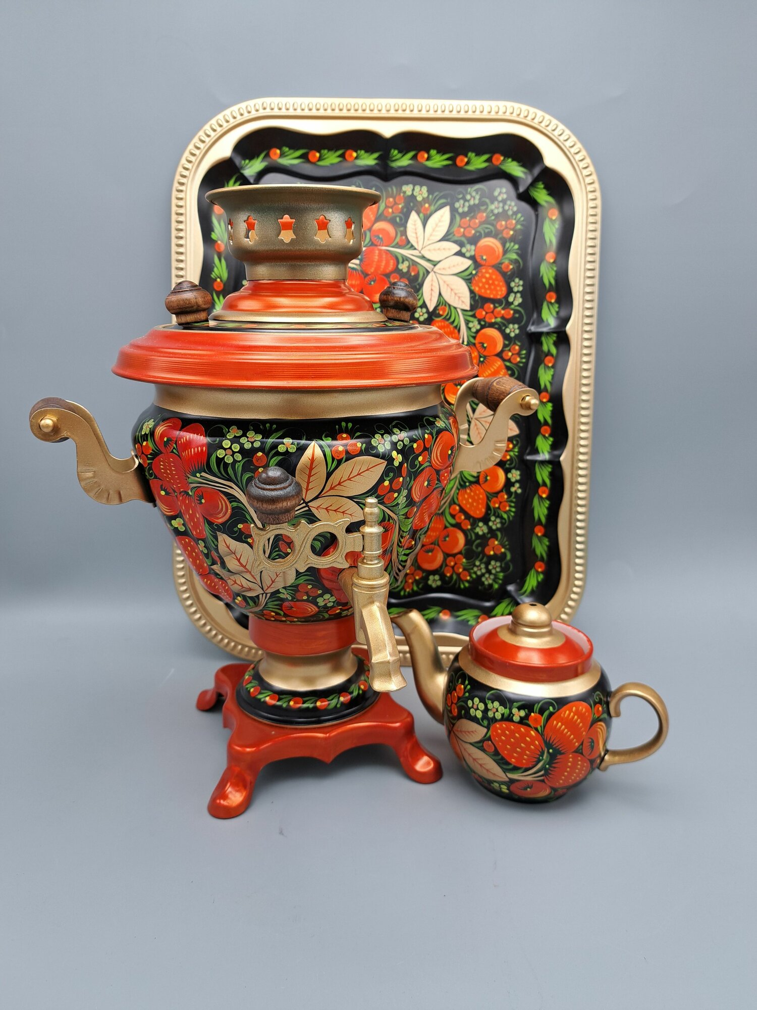 Самовар электрический 2 литра в наборе с художественной росписью "Хохлома". Форма рюмка.