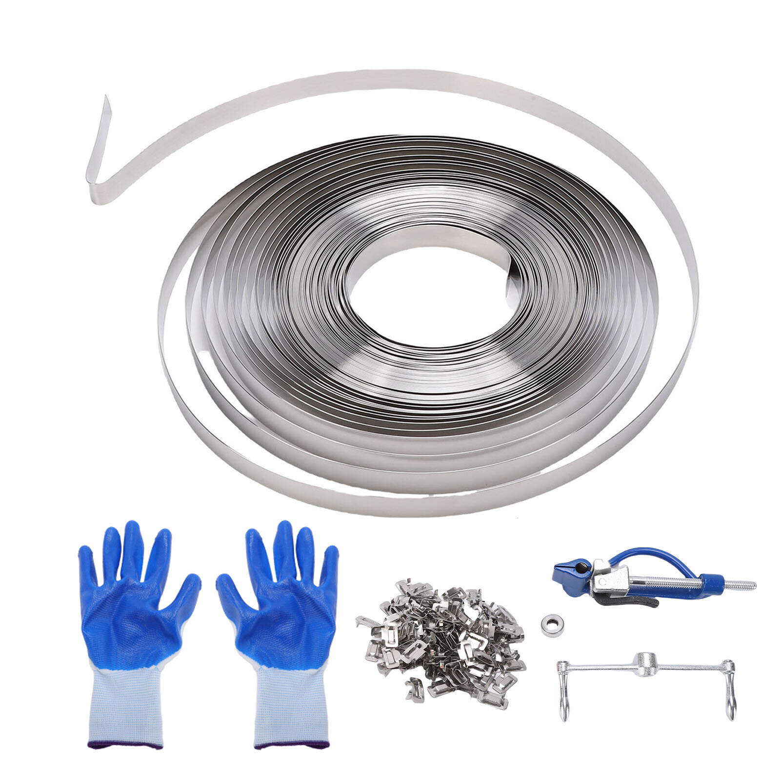 Комплект стальной обвязочной ленты: лента из нержавеющей стали 3/4 дюйма x 100 футов, натяжитель с храповым механизмом, резак и 100 пряжек.