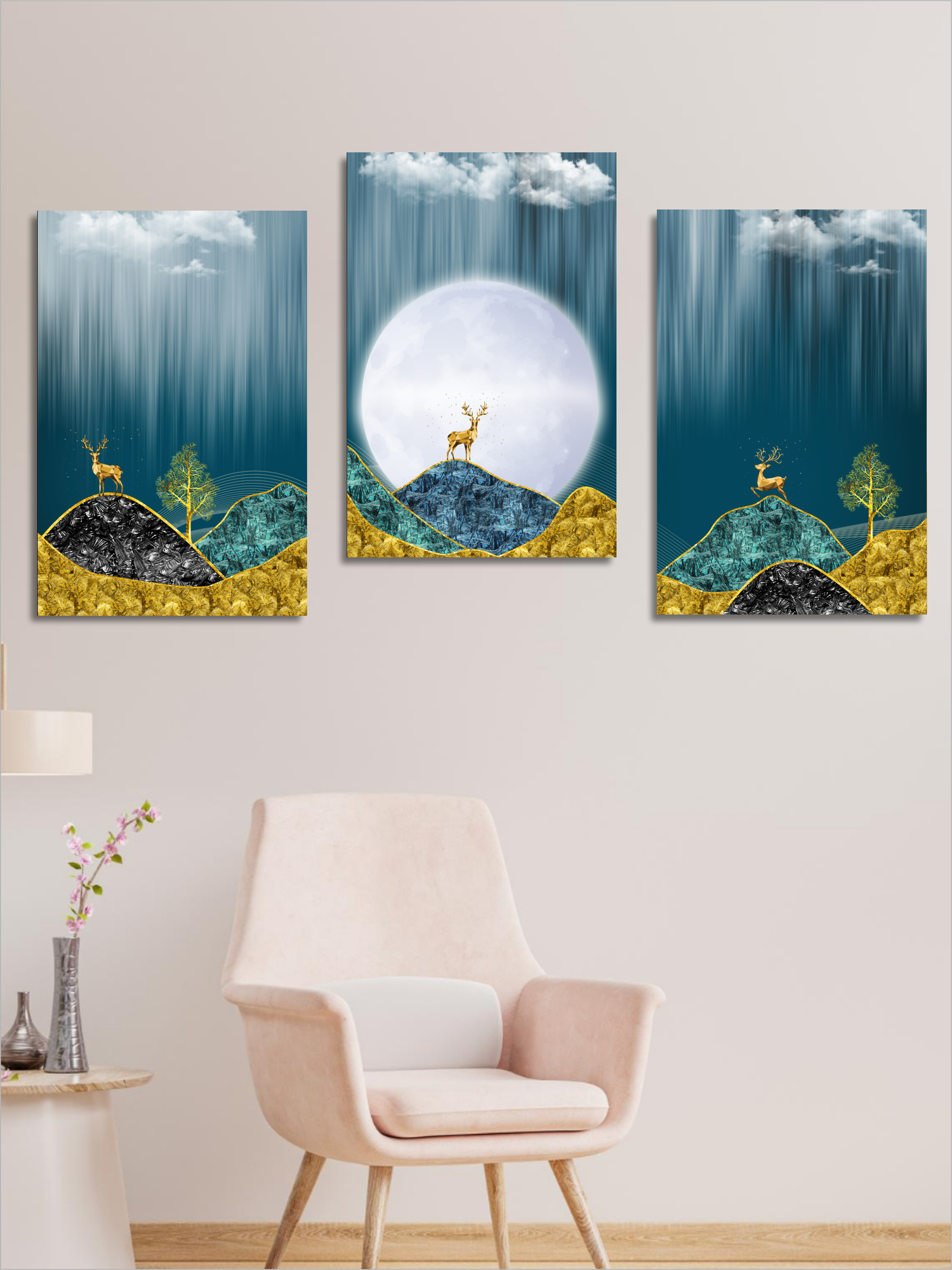 Модульная картина для интерьера на стену природа. Золотые олени под дождём 50х75 см - 3 шт, холст на подрамнике
