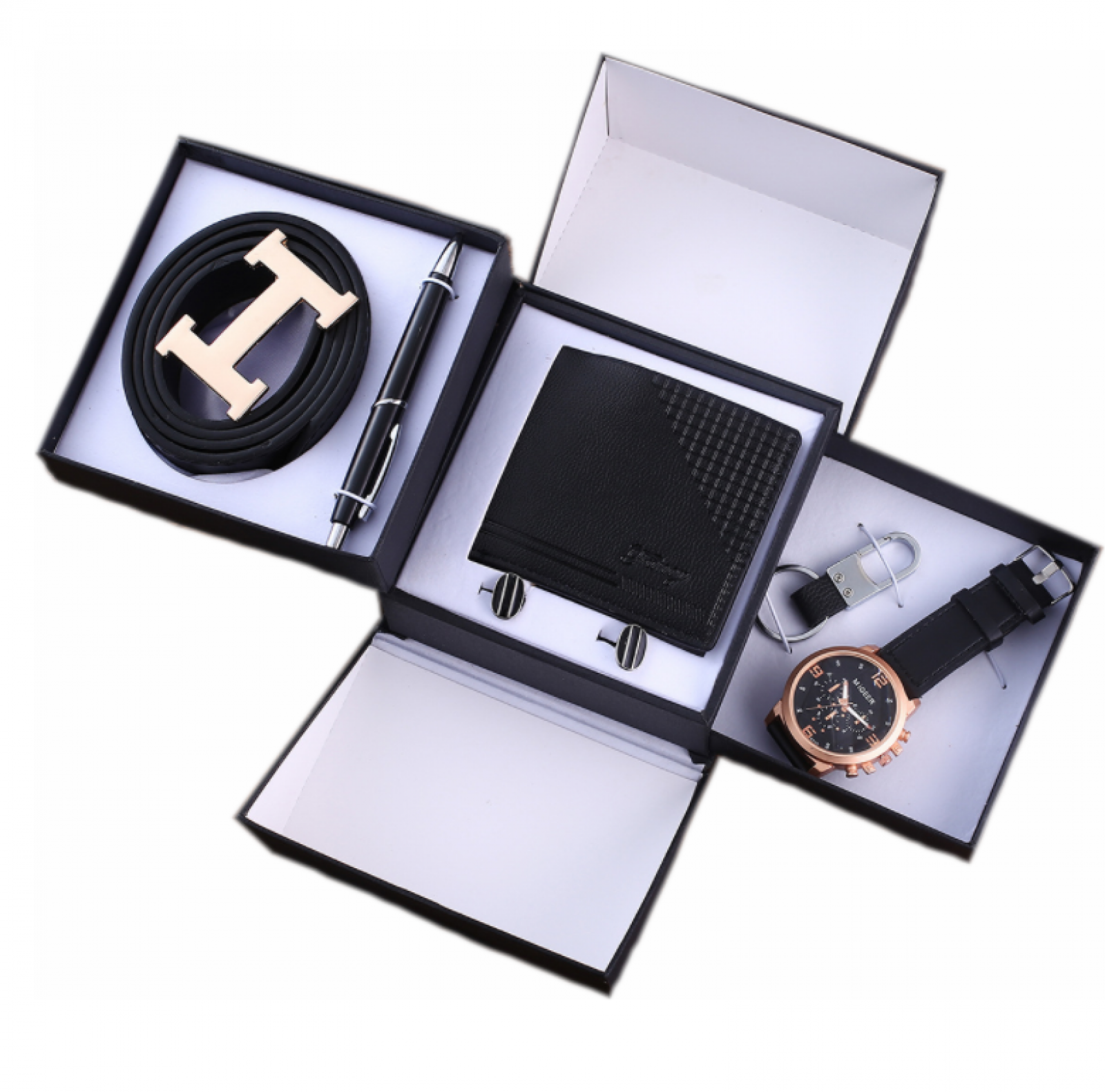 Мужской набор MyPads M-A06823 с кварцевыми часами и аксессуарами из импортной эко-кожи в стильной коробке