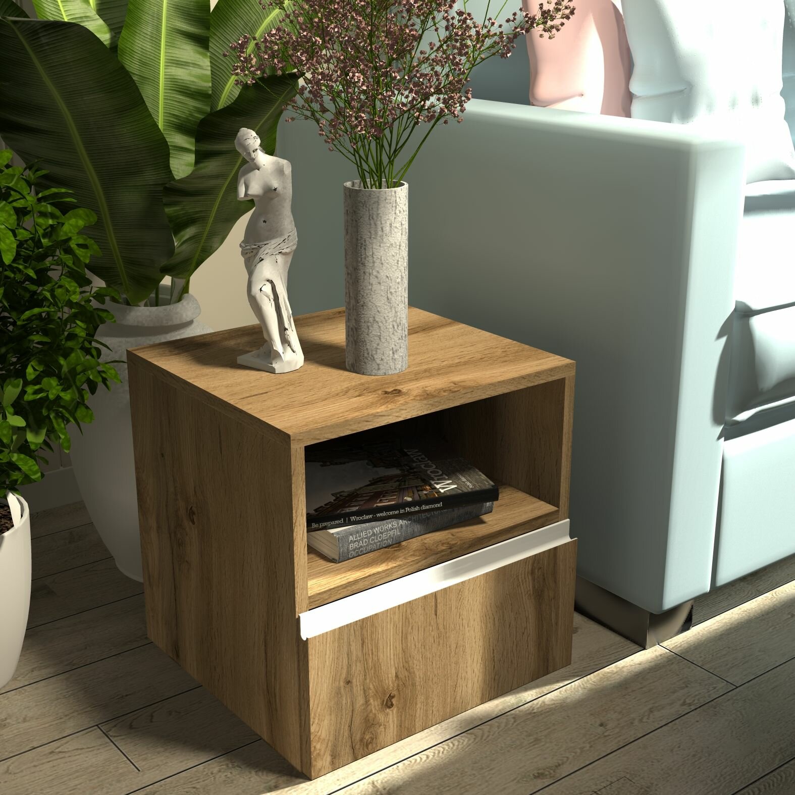 Тумба прикроватная Моё Кредо, Дуб вотан, с интегрированной ручкой белая, 1 ящика, ЛДСП, шириной 40 см