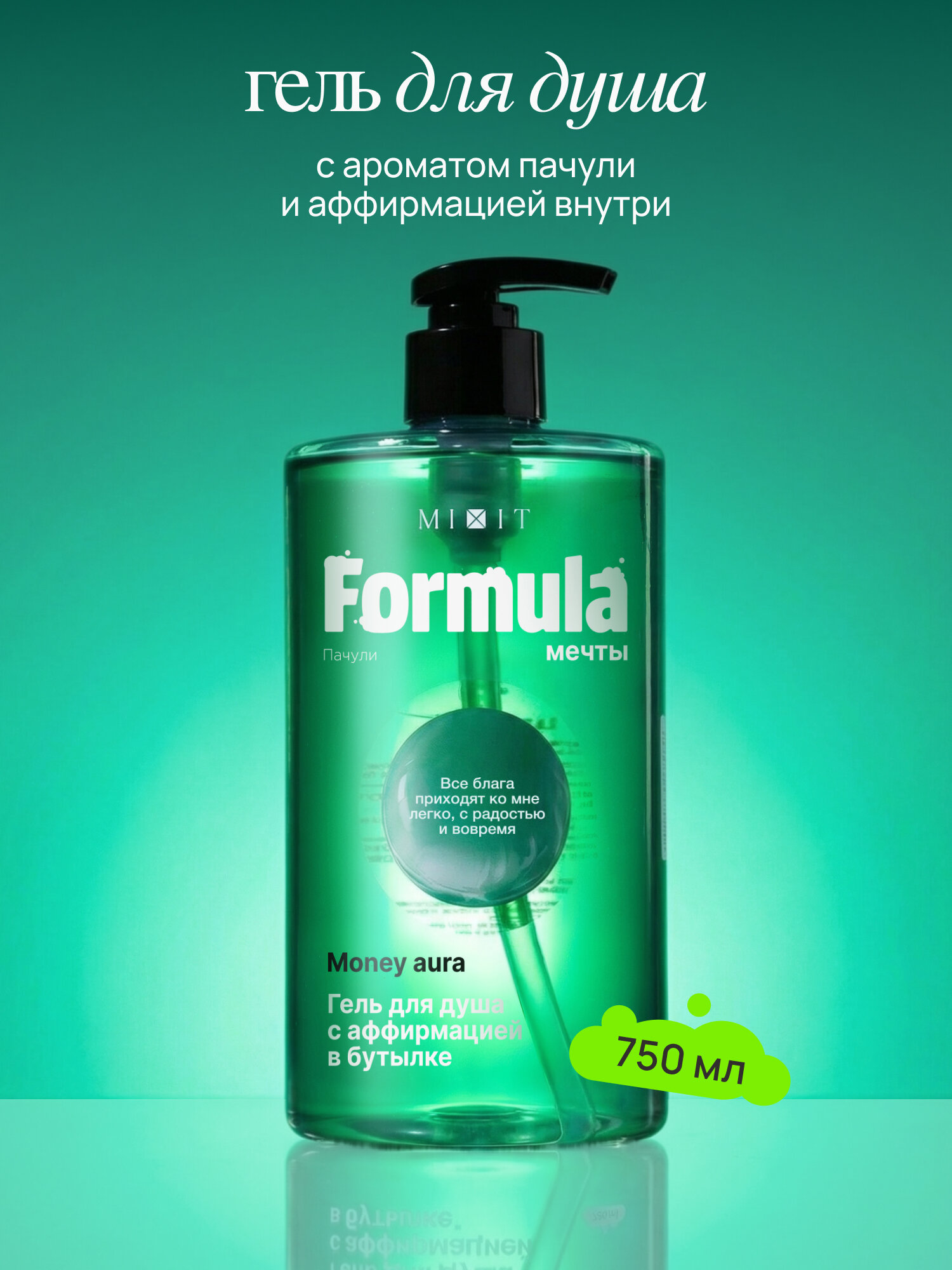 MIXIT Formula мечты Гель для душа с аффирмацией Аура Денег с ароматом апельсина, пачули, чабрец, лаванда, карамель 750мл