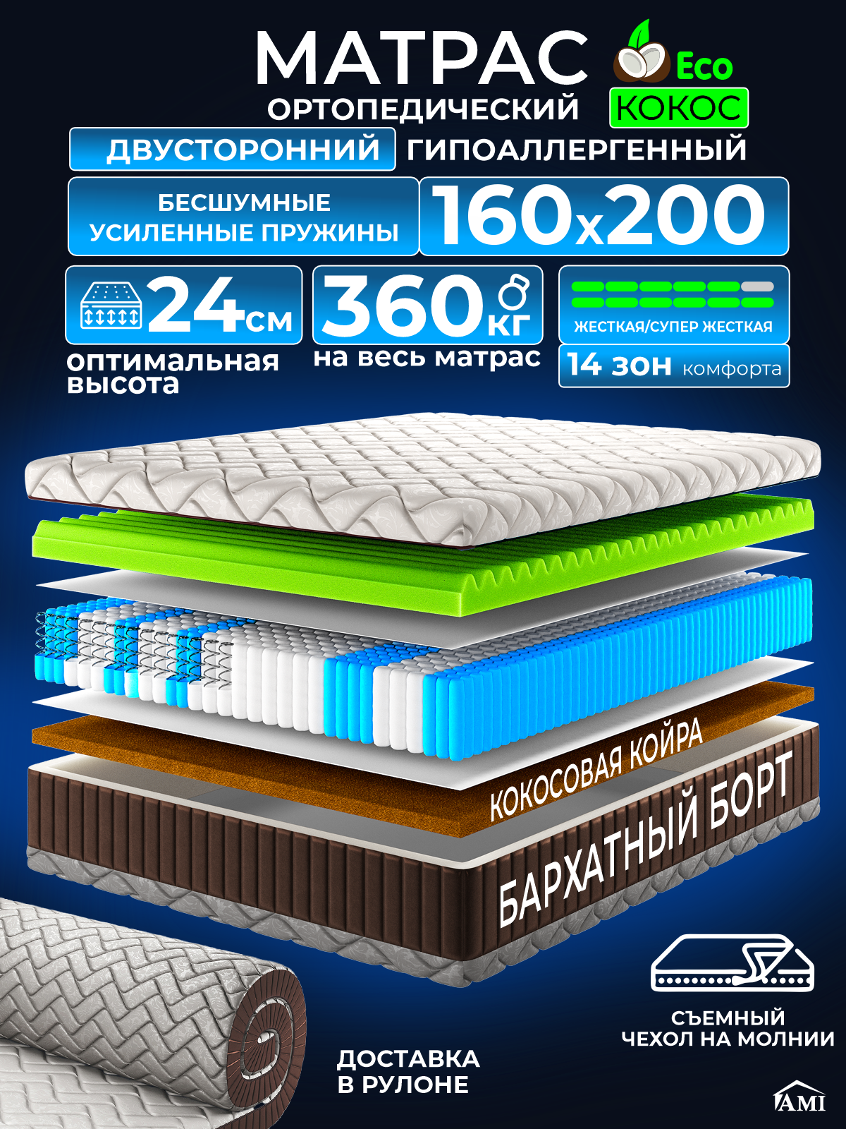 Ортопедический двуспальный матрас 160х200 см на кровать, рулонный, независимый пружинный блок, съемный чехол Ами Мебель
