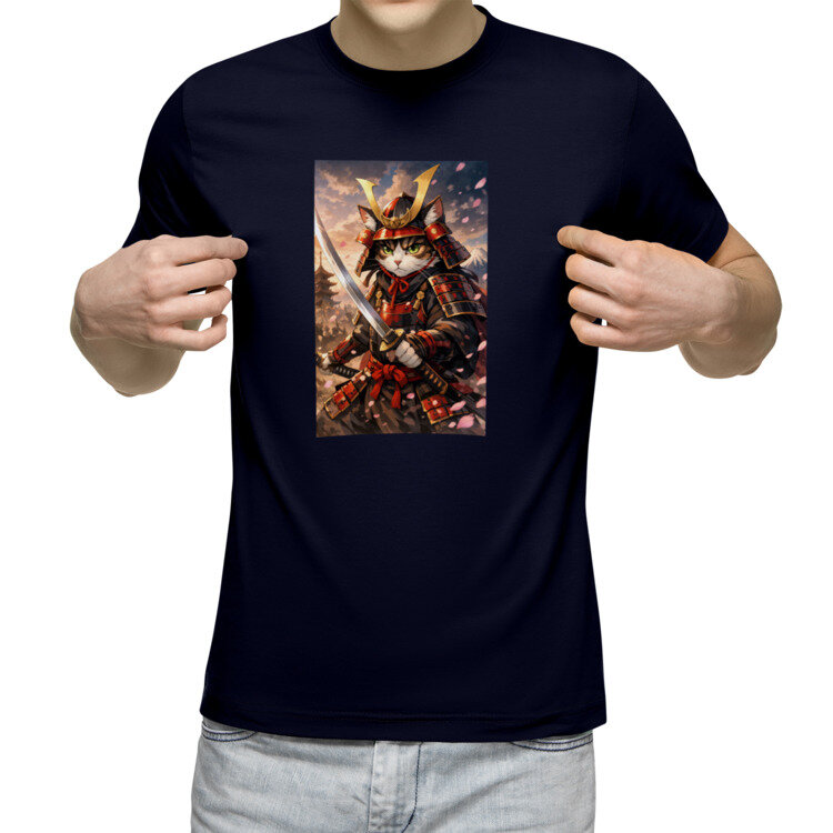 Мужская футболка «Кот-самурай в доспехах с катаной» (темно-синий, 2XL)