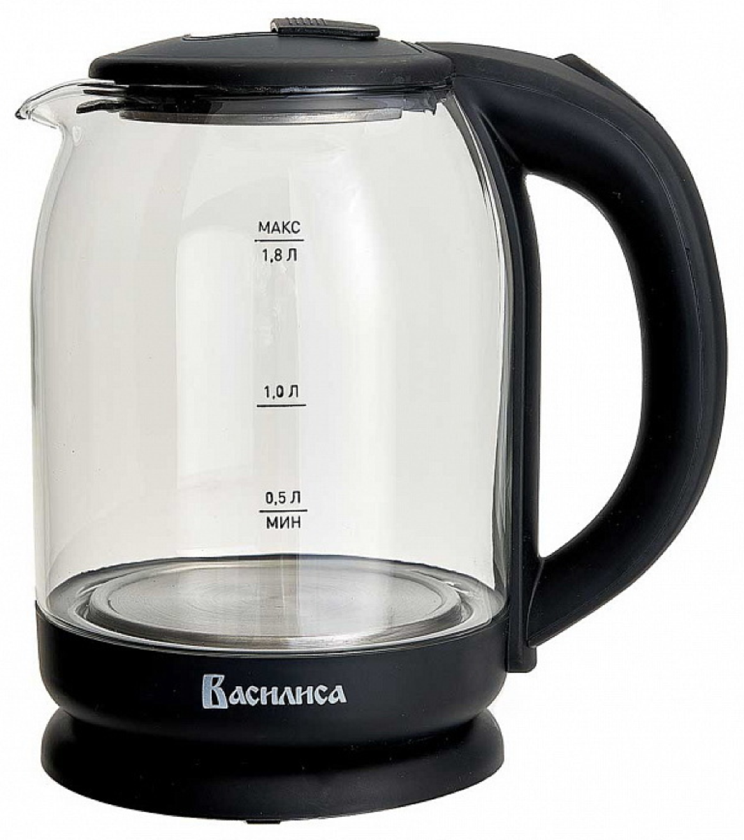 Чайник электрический Василиса ВА-1034 с дисковым нагревательным элементом, жаропрочное стекло/пластик, механическая крышка, черный 1500Вт 1.8л / техника для кухни / электрочайник с подсветкой кухонный