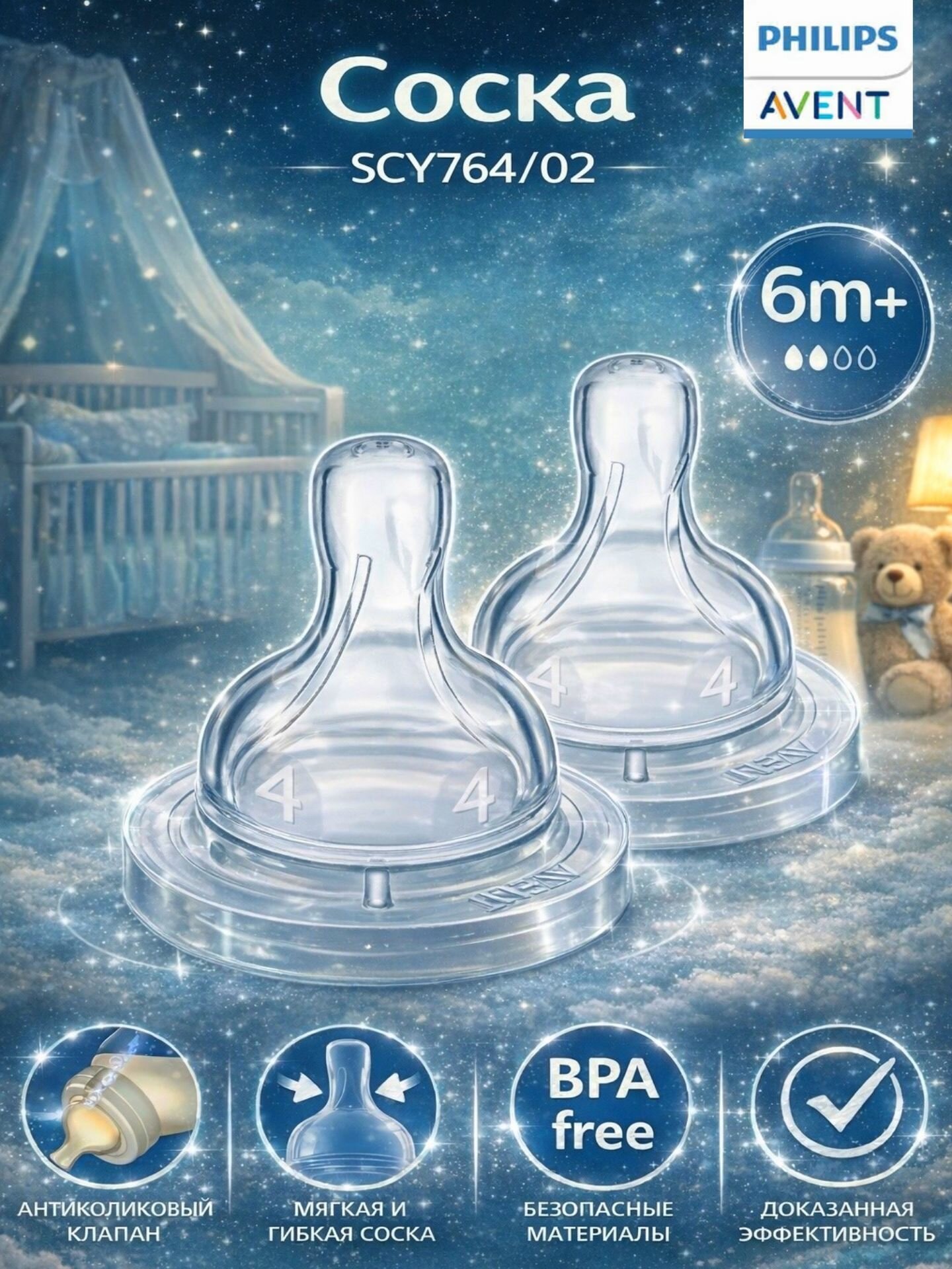 Соска силиконовая Philips Avent Anti-colic SCY764/02 со средним потоком от 6 мес, 2 шт