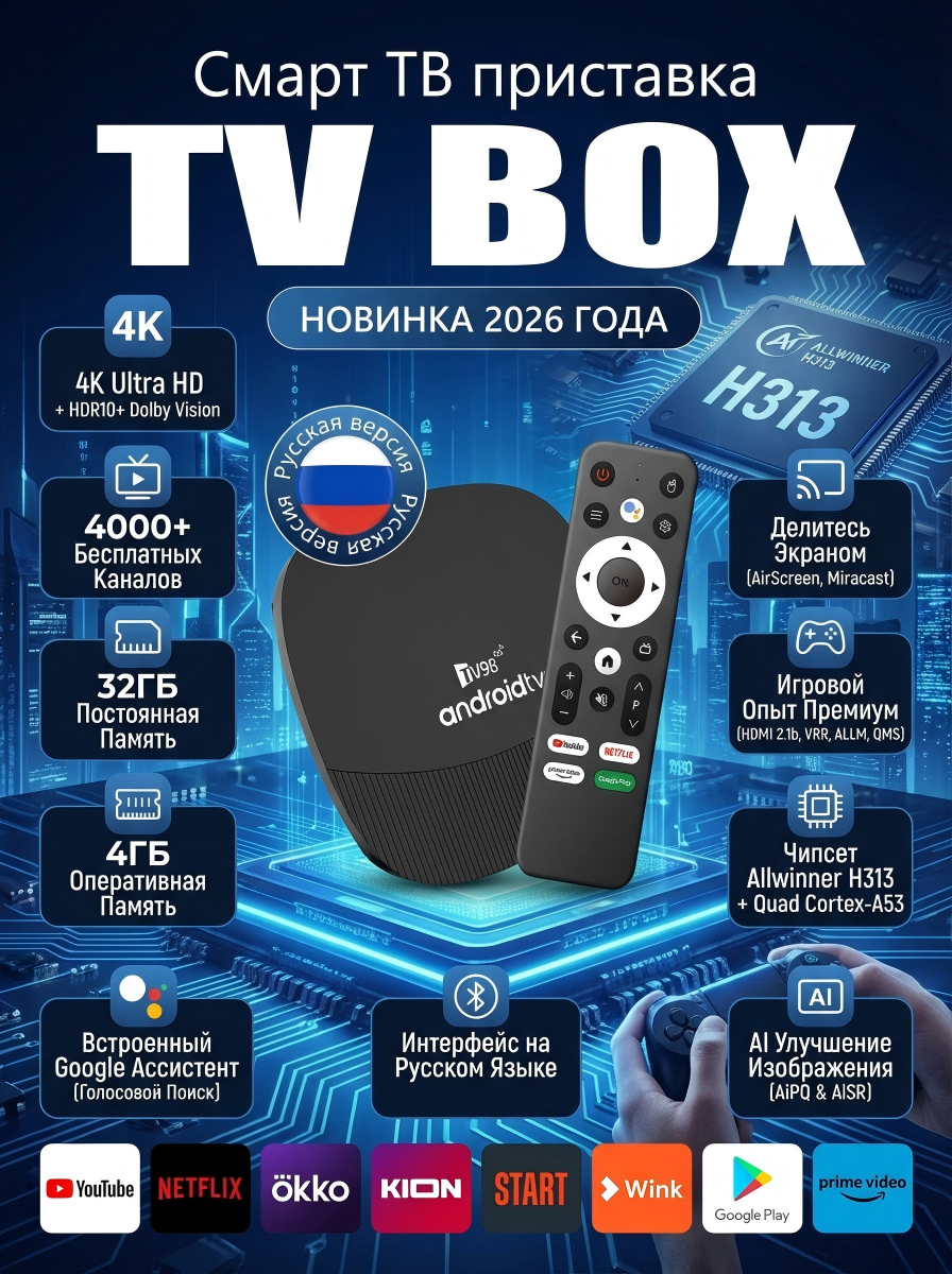 WIXG Медиаплеер Смарт ТВ приставка Android 4 ГБ/32ГБ, Bluetooth, Wi-Fi, черный матовый