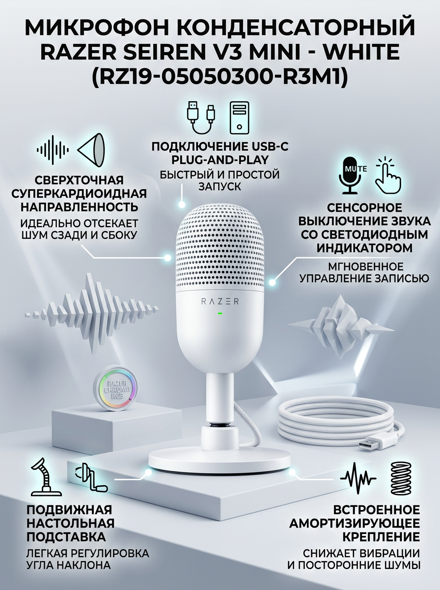 Микрофон Razer Seiren V3 Mini - White Microphone (RZ19-05050300-R3M1)