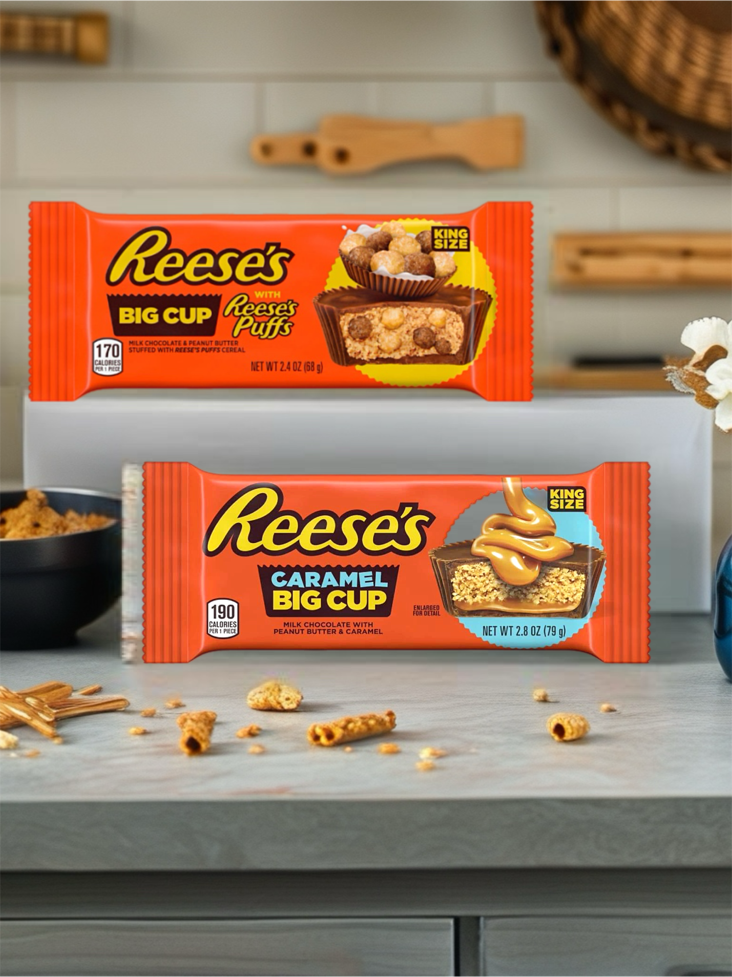 Печенье Reese's Big Cup Caramel / Puff King Size , молочный шоколад, карамель и злаковые шарики, 2 шт (США)