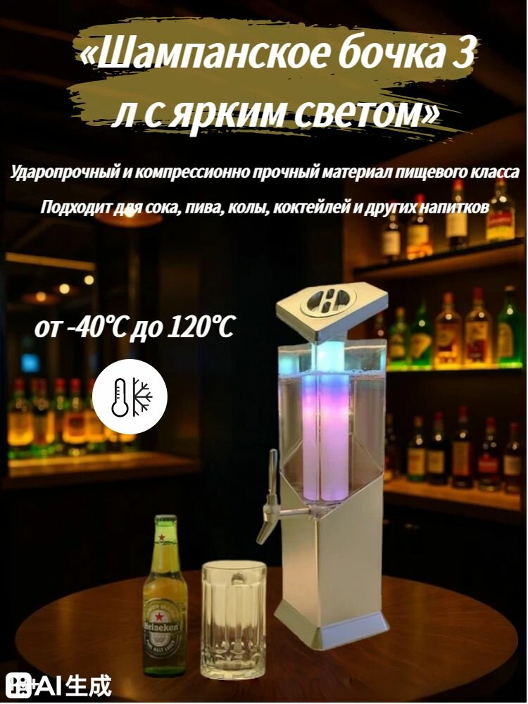 Башня пивная 3л с емкостью для льда, RGB подсветка, золотой