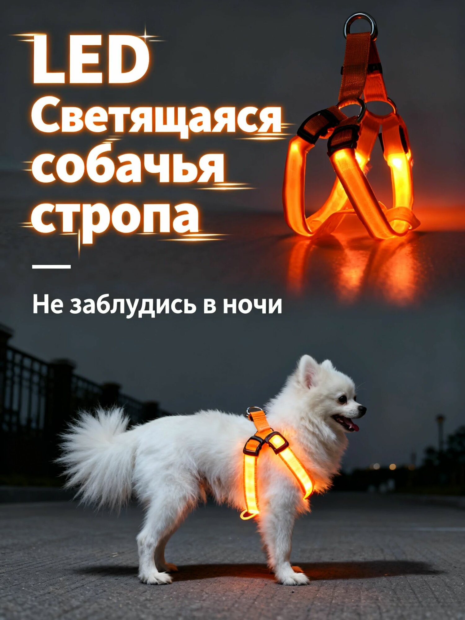 Жилет-шлейка с LED подсветкой: Светящийся водонепроницаемый жилет для средних и крупных собак с 3 режимами свечения