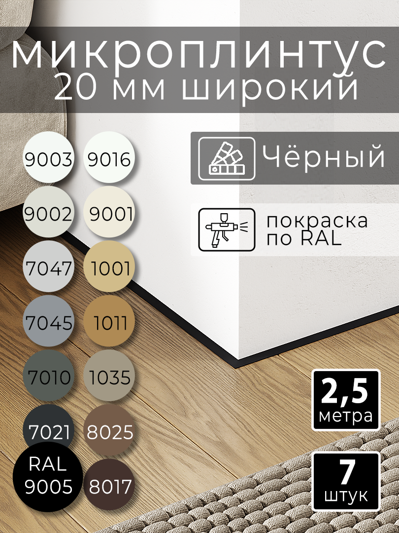 Микроплинтус фесо широкий 20 мм цвет Черный RAL 9005 2,5 метра