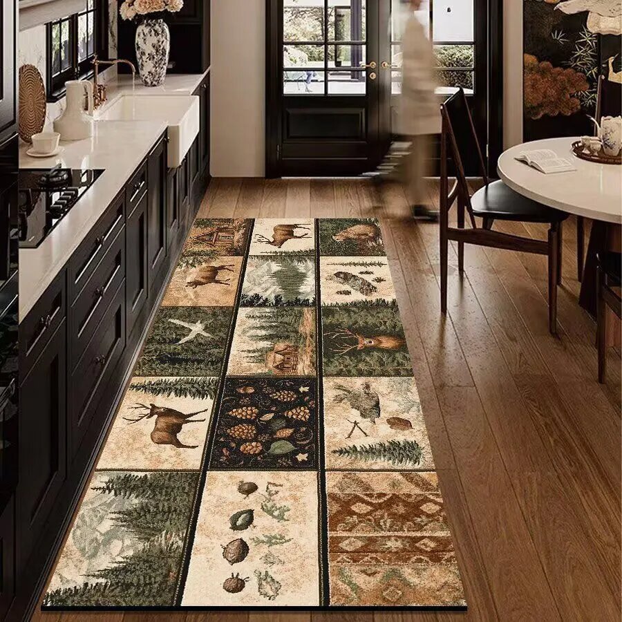 Ковер 60x180 см в стиле кантри с рисунком леса для кухни, безворсовый коричневый