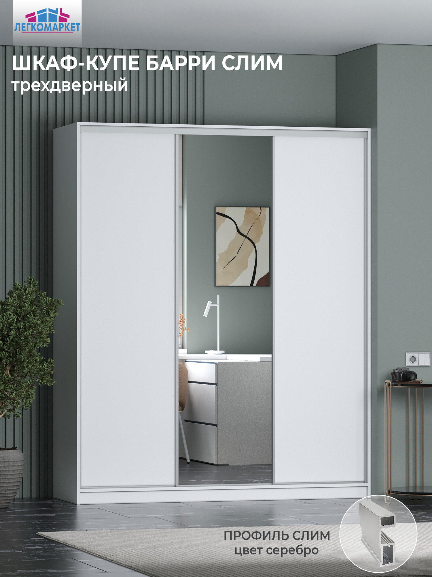 Шкаф-купе с зеркалом Барри Слим 3 200-45-220 белый профиль серебро белье-платье