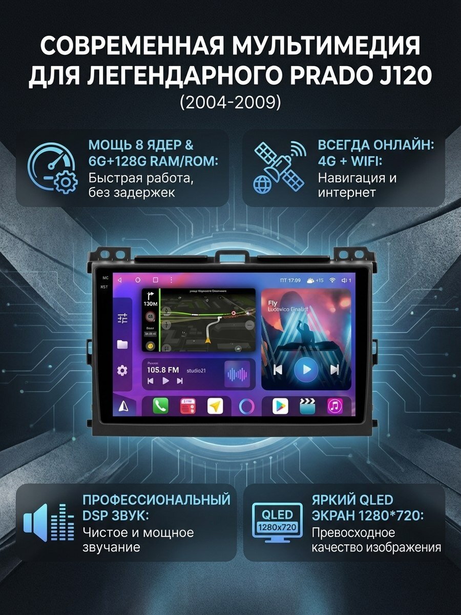 Магнитола Тойота Прадо 120 (Toyota Prado J120) 2004-2009 и Лексус gx 470 (Lexus GX 470) 2002-2009 на Android 14, CarPlay