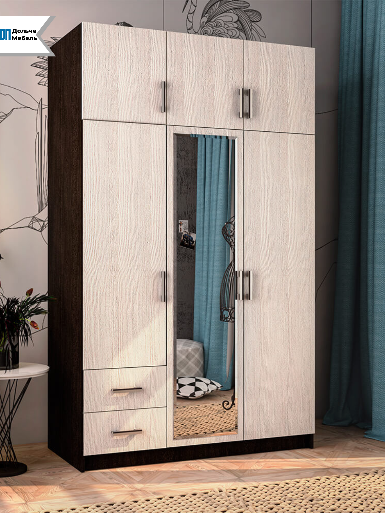 Шкаф для одежды распашной 3-дверный BTS с зеркалом и ящиками, трехстворчатый в спальню и прихожую, цвет венге