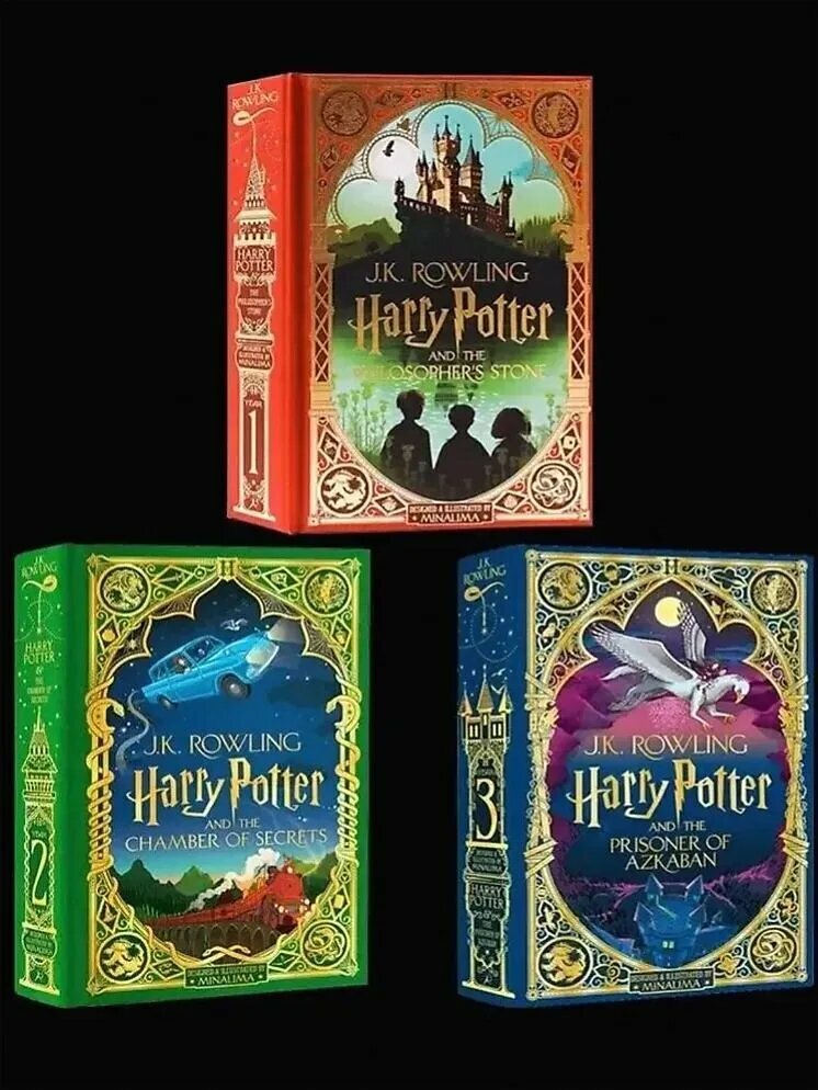 Серия интерактивных 3D-книг Гарри Поттер (оригинал на английском) тома 1-3: Гарри Поттер и философский камень, тайная комната, узник Азкабана | Minalima