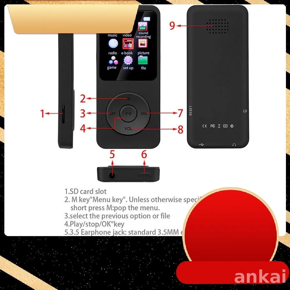 MP3-плеер с диктофоном и FM-тюнером, черный, поддержка FLAC, micro SD — фото 1