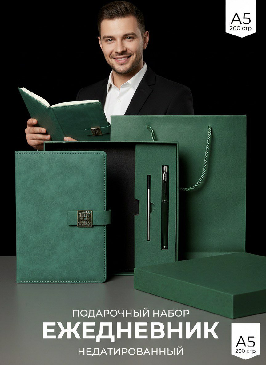 Подарочный набор ежедневник с ручкой недатированный А5 зеленый