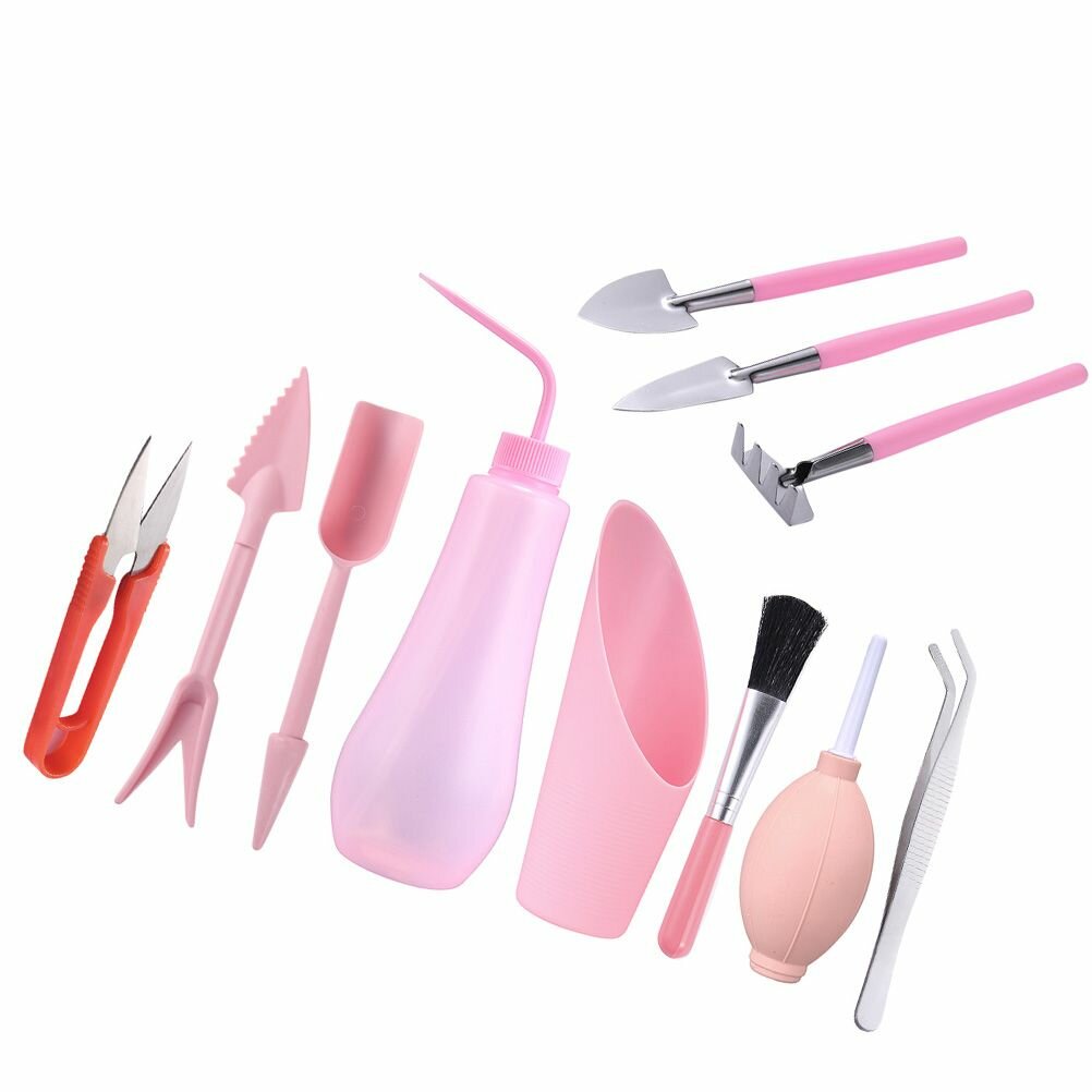 Набор из 11 мини-садовых инструментов из пластика и металла розового цвета для ухода за растениями