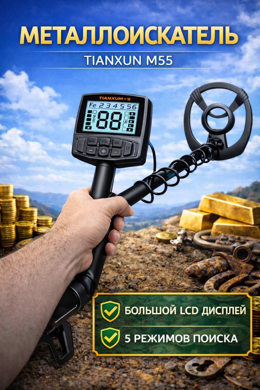 Металлоискатель TIANXUN M55, Глубина обнаружения: до 100 см (арт. 628004)